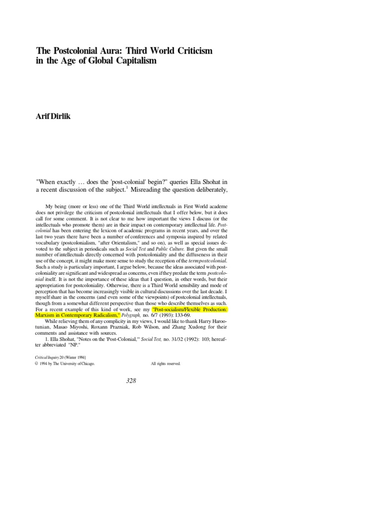 1994 Arif Dirklik The Postcolonial Aura Third World Criticism | PDF ...