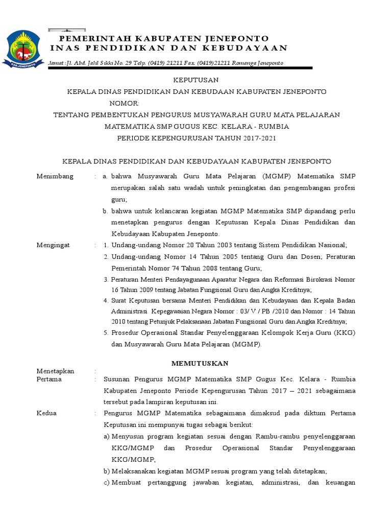 SK Pengurus MGMP Matematika SMP Gugus Kec. Kelara - Rumbia | PDF
