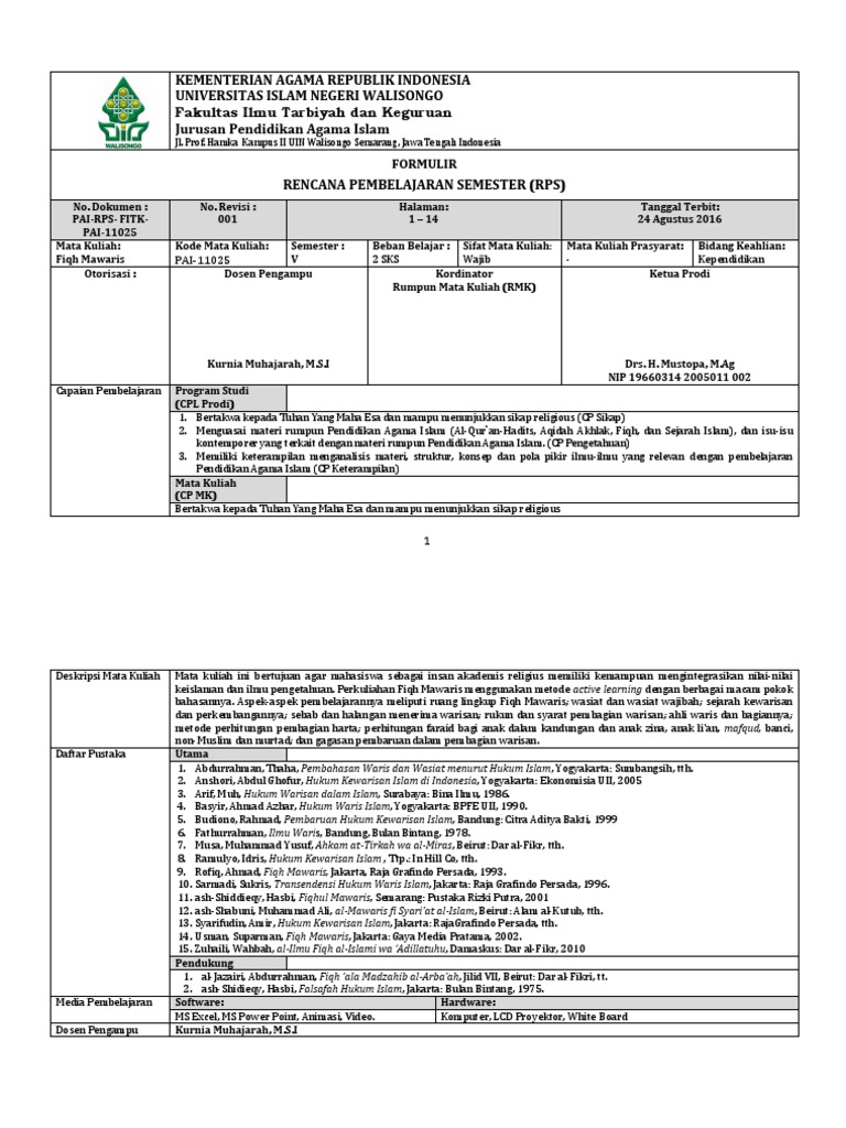 Makul Fiqih Mawaris RPS | PDF