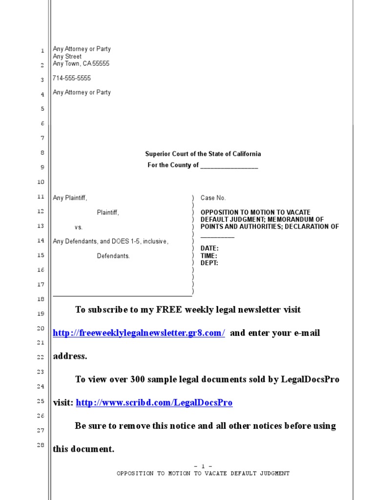 Sample Opposition to Motion to Vacate a Void Judgment in California ...