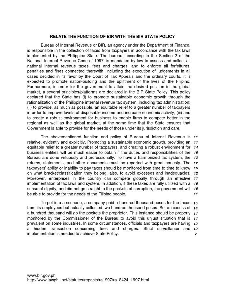 Income Tax-Relate The Function of Bir With The Bir State Policy | PDF ...