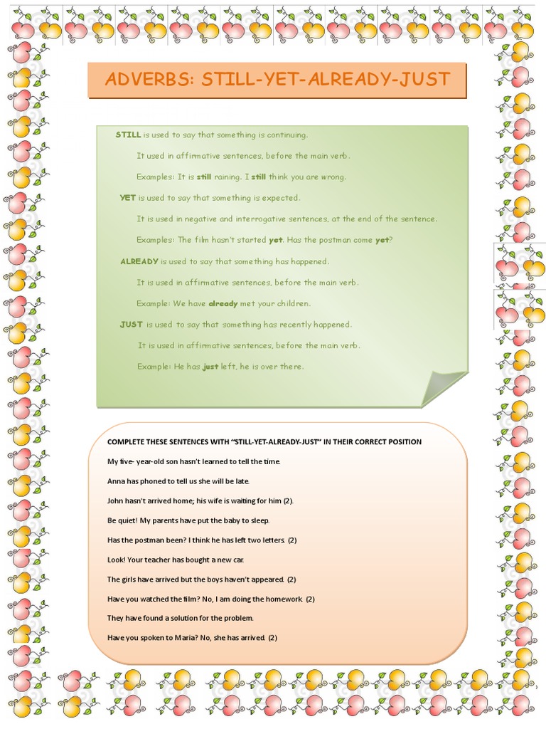 Adverbs Still Yet Already Just | PDF | Verb