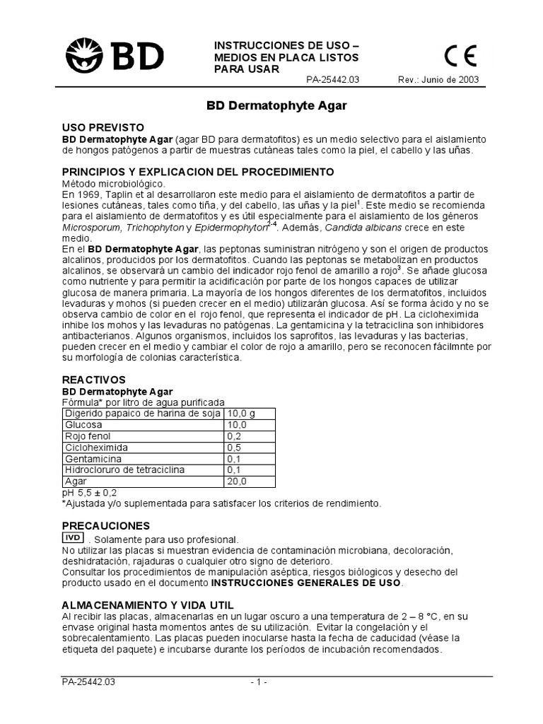 Uso de BD Dermatophyte Agar en cultivos | PDF | Microorganismo ...