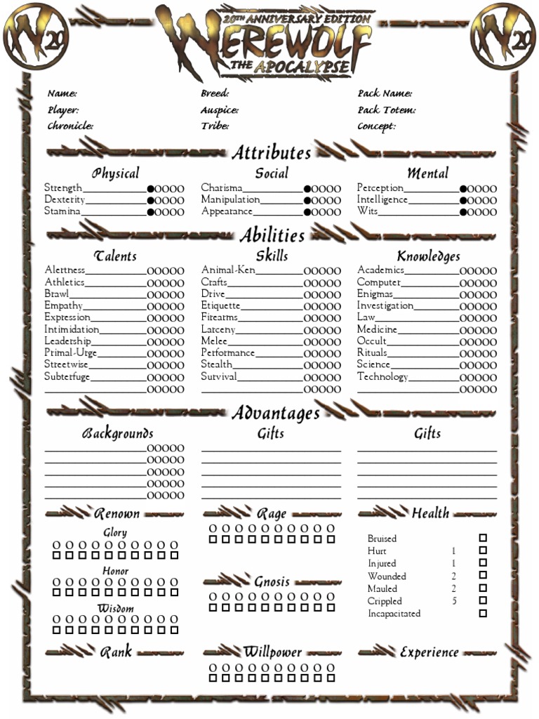 W20 - 4-Page Character Sheet (Interactive) | Download Free PDF ...