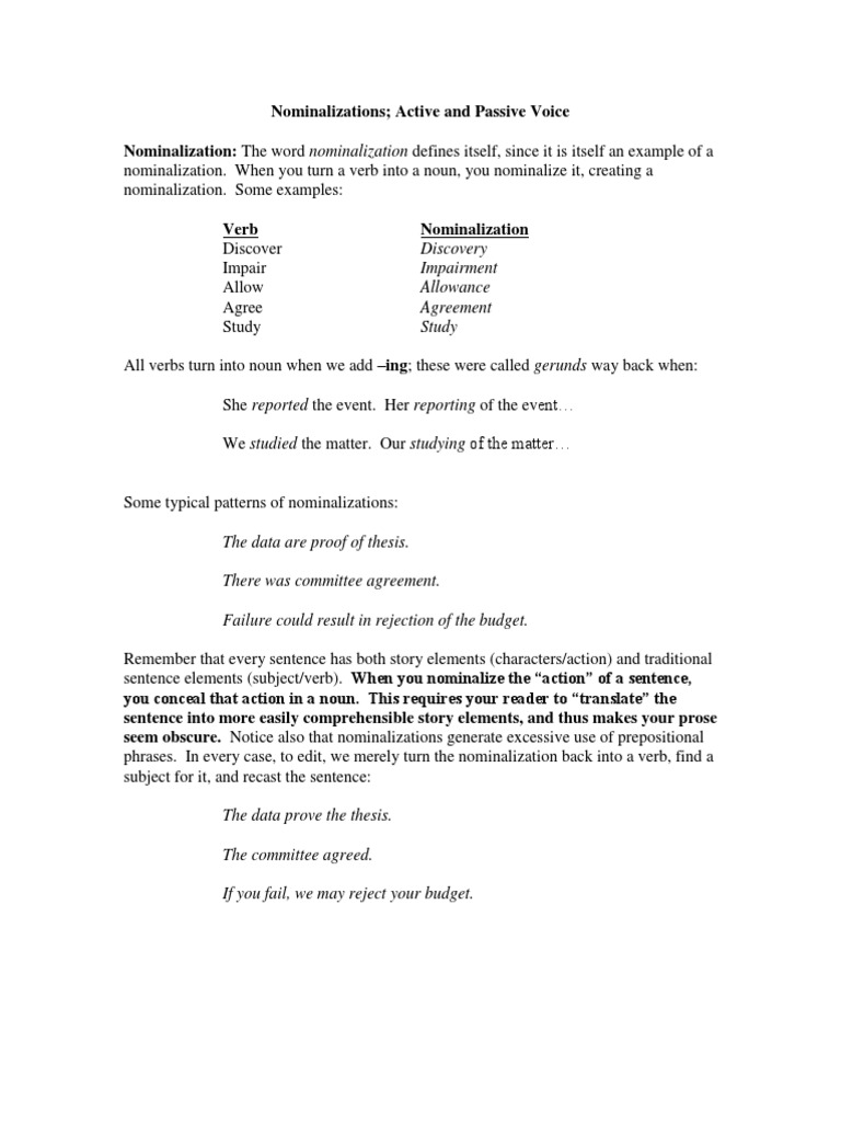 Nominalizations Active and Passive Voice | PDF | Verb | Subject (Grammar)