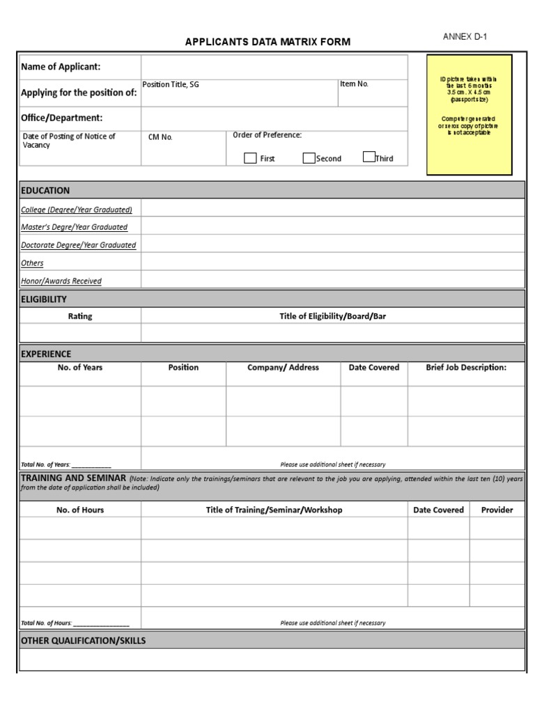Applicants Data Matrix Form Name of Applicant: Applying For The ...