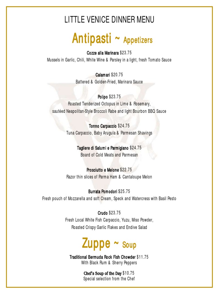 Little Venice Dinner | PDF | Tomato Sauce | Eruca Sativa