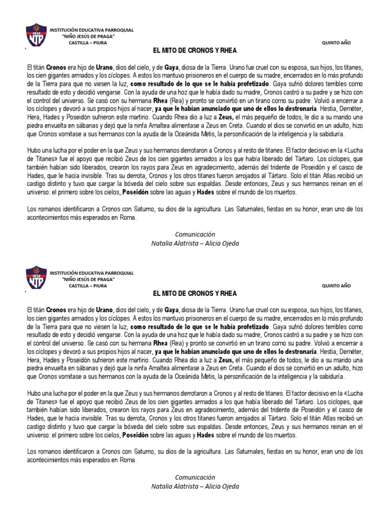 Mito de Cronos y Rea | PDF | Zeus | Mitología Paleo Balcánica