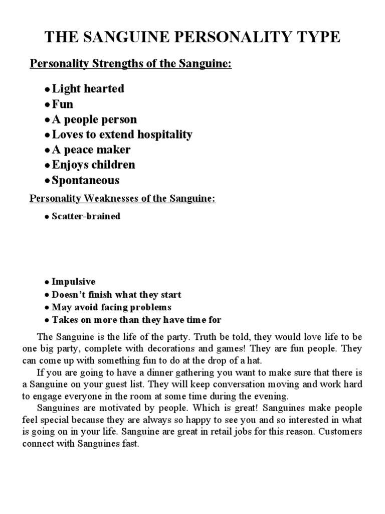 The Sanguine Personality Type | PDF | Depression (Mood) | Psychological ...
