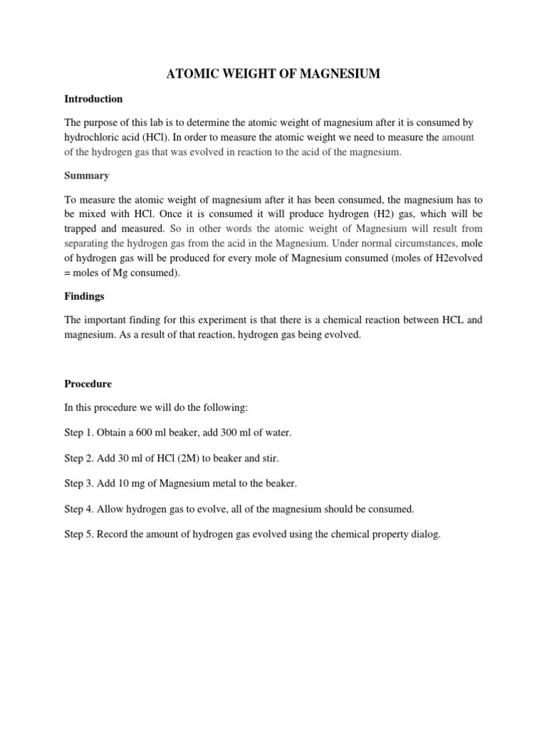 Atomic Weight of Magnesium Lab | PDF | Magnesium | Mole (Unit)