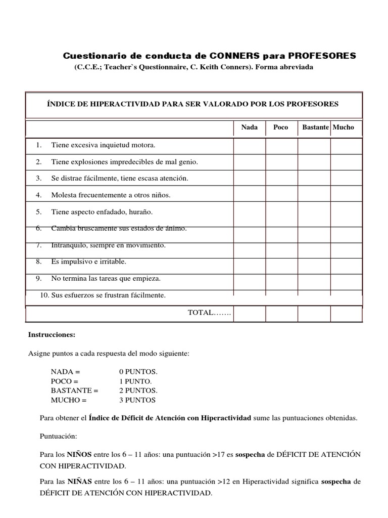 Test de Conners | PDF | Desorden hiperactivo y deficit de atencion ...