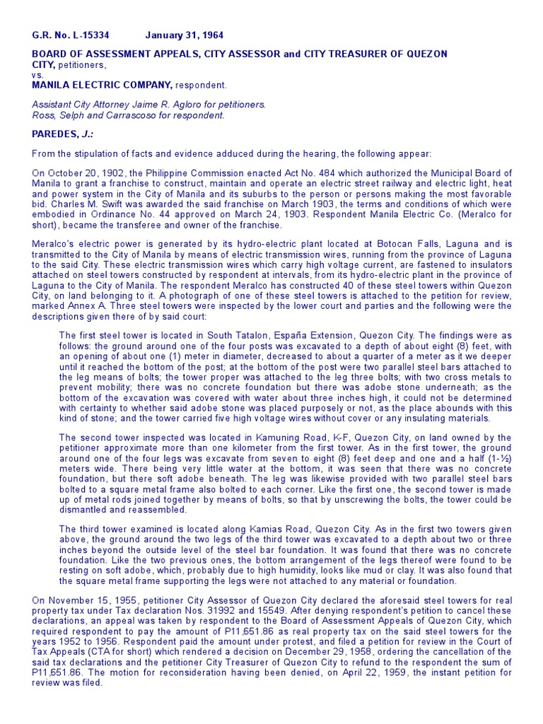 Board of Assessment Vs Meralco 10 SCRA 68 | PDF | Screw | Wire