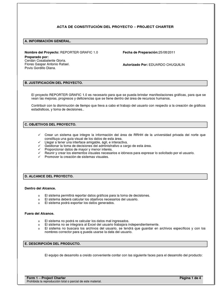 Form 1 Charter Del Proyecto - Inicio | PDF | Planificación | Diseño