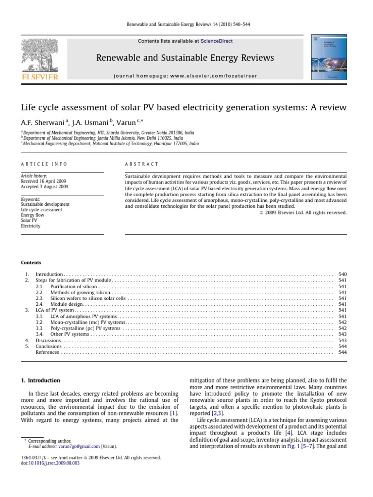 Life Cycle Assessment of Solar PV Based Electricity Generation - BOM ...