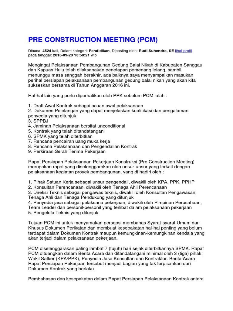 Pre Construction Meeting (PCM) | PDF