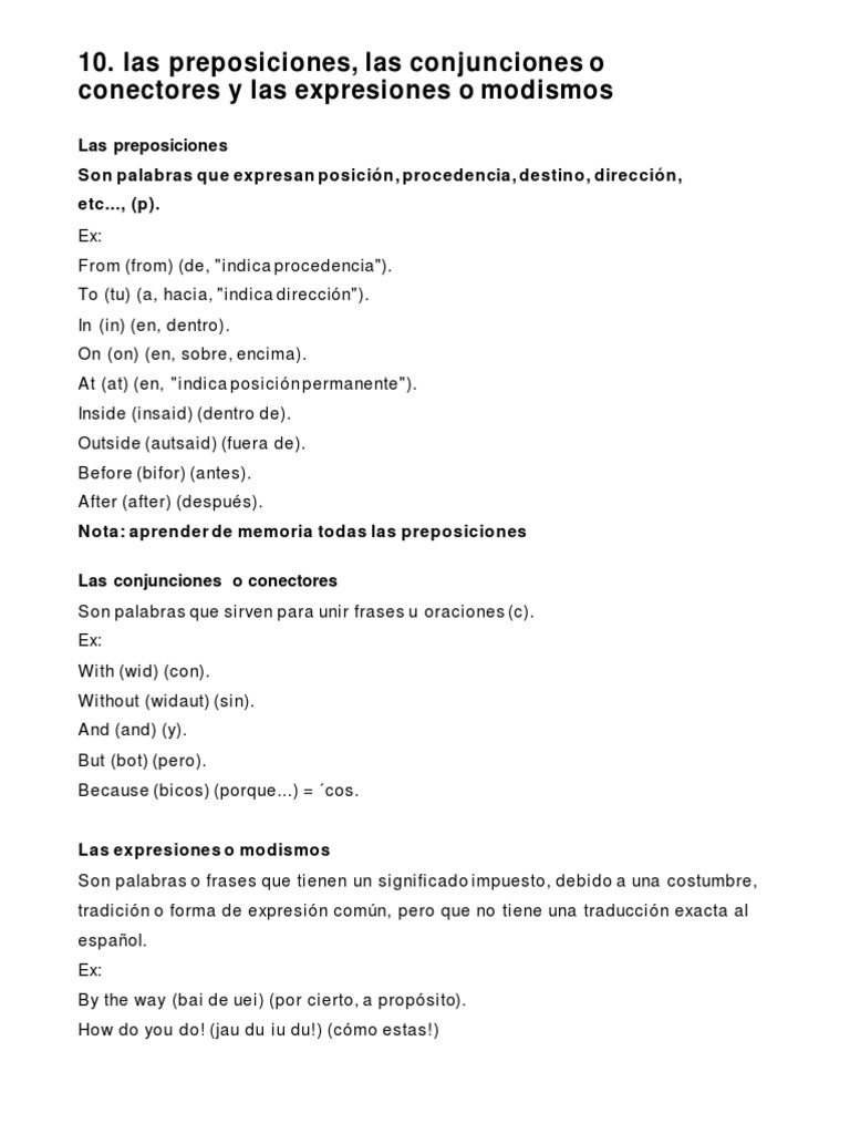 7.las Preposiciones, Las Conjunciones o Conectores y Las Expresiones o ...