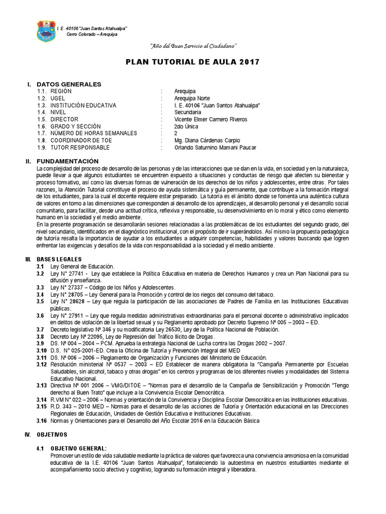 Plan Tutorial de Aula 2017 2do de Secundaria | PDF | Educación Secundaria | Institución