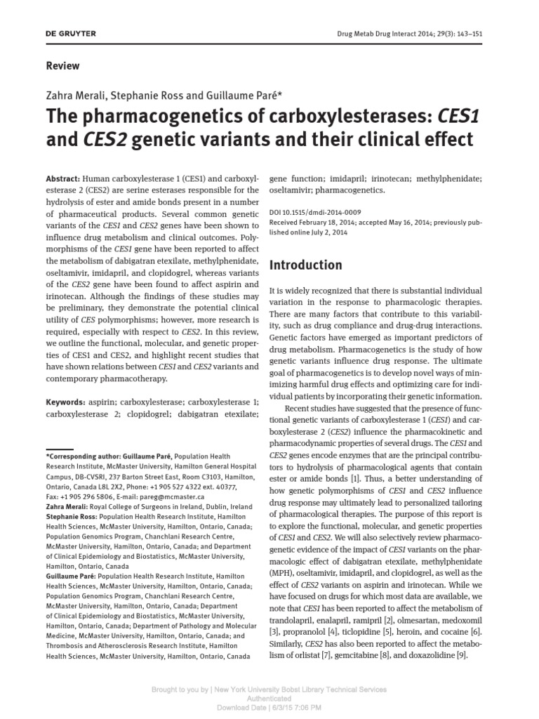 The Pharmacogenetics of Carboxylesterases: CES1 and CES2 Genetic ...