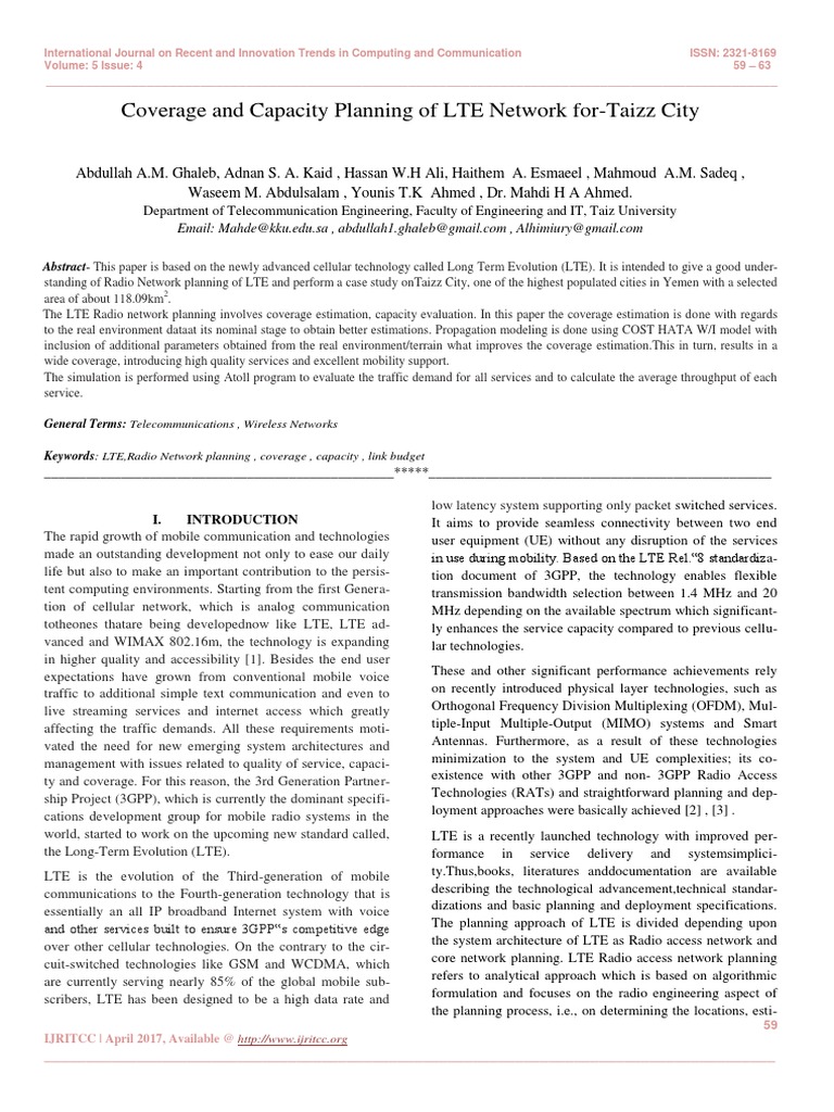 Coverage And Capacity Planning Of Lte Network For Taizz City Download Free Pdf Lte