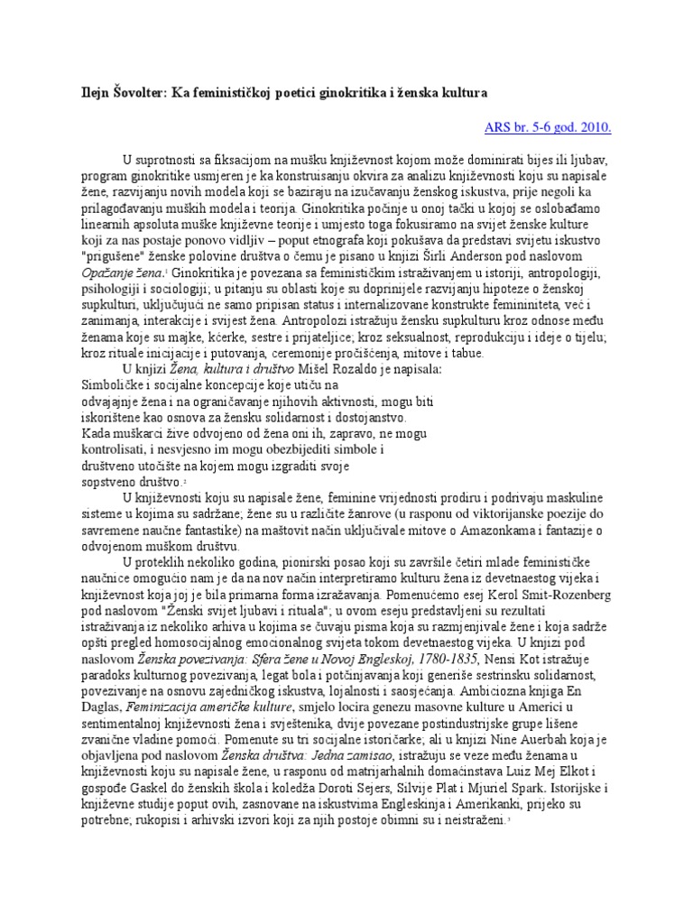 Elaine Showalter Ka Feministickoj Poetici | PDF