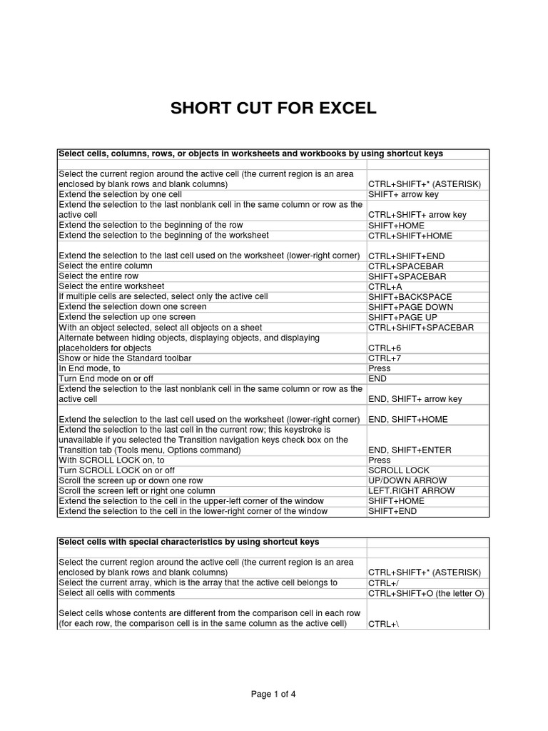 Short Cut For Excel: Select Cells, Columns, Rows, or Objects in ...