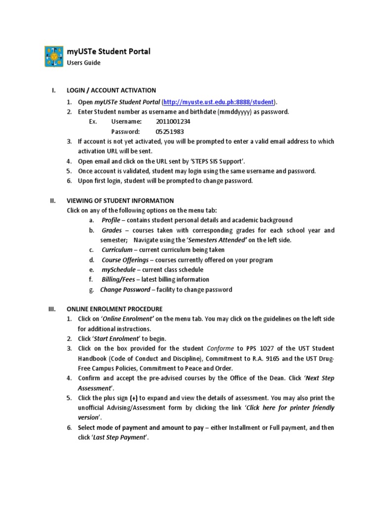 UST Online Enrollment Users Guide | Password | User (Computing)