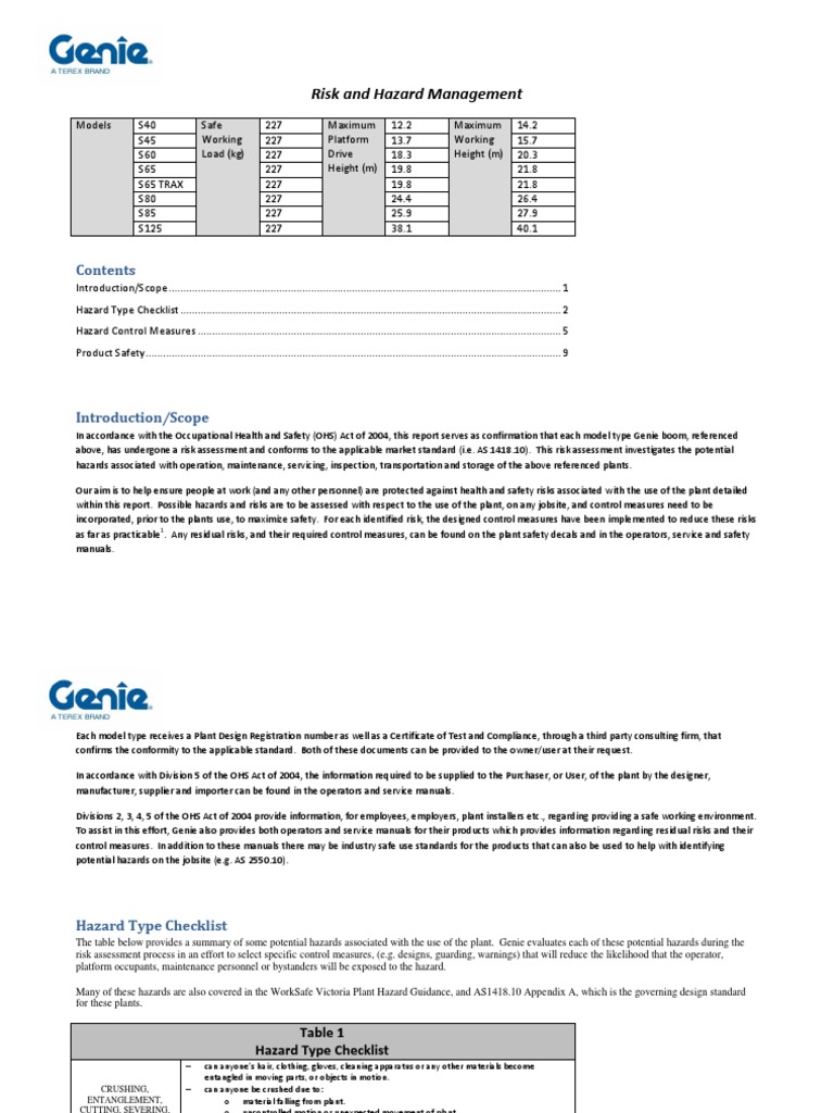 Genie Australia S Boom Risk Assessment | PDF | Occupational Safety And ...