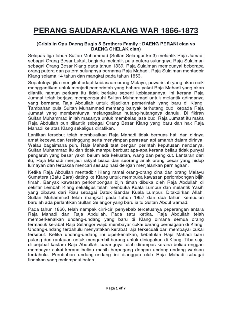 Perang Klang: Konflik Raja Mahadi vs Abdullah | PDF