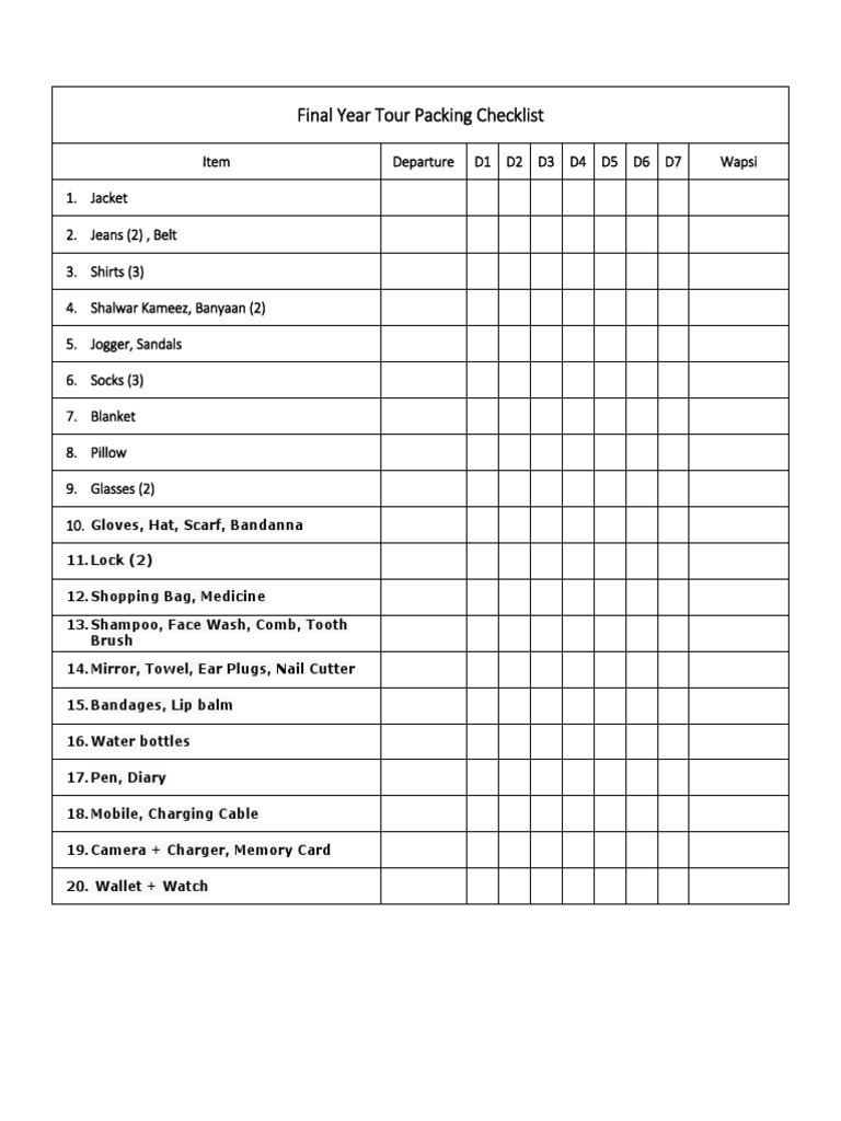 Final Year Tour Packing Checklist | PDF