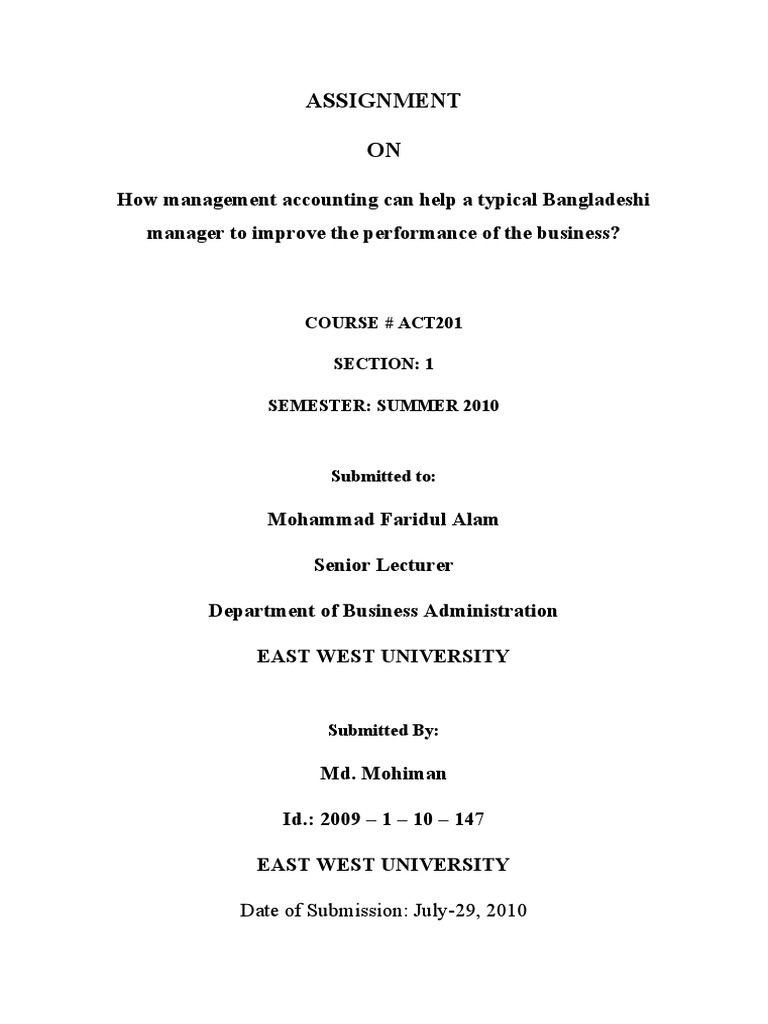 Assignment ON: Course # Act201 Section: 1 Semester: Summer 2010 | PDF | Management Accounting ...