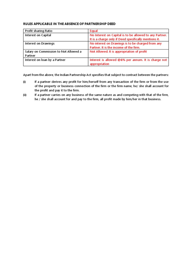Rules Applicable in The Absence of Partnership Deed | PDF