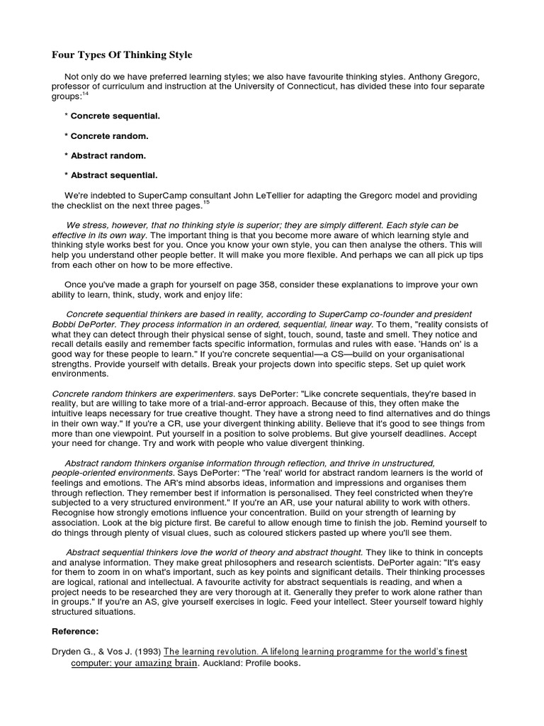 Anthony Gregorc 4 Mind Styles PDF | PDF | Abstraction | Thought