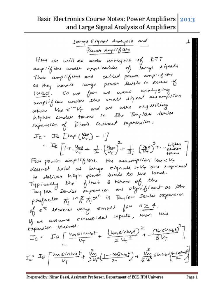 Basic Electronics Course Notes: Power Amplifiers and Large Signal ...