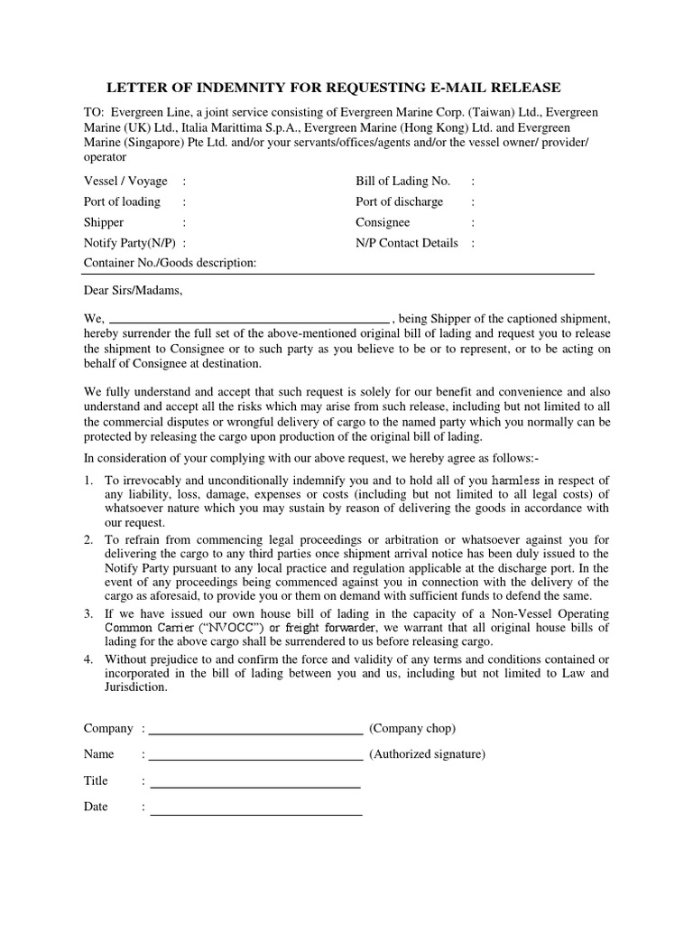 Indemnity Email Release | Cargo | Bill Of Lading