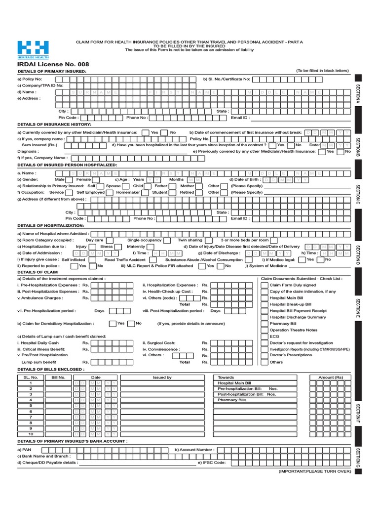 IRDA Reimbursement Claim Form - Insured | PDF | Patient | Insurance