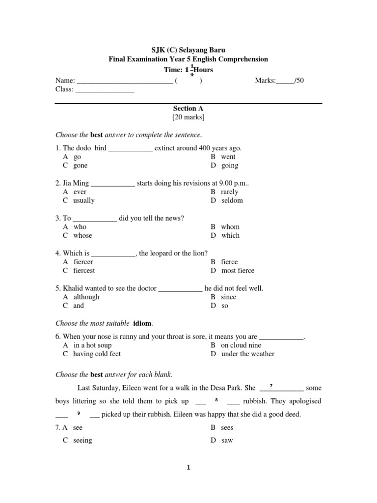 Sjk C Selayang Baru Final Examination Year 5 English Comprehension