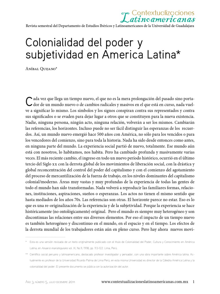 Aníbal Quijano Colonialidad Del Poder y Subjetividad en América Latina ...