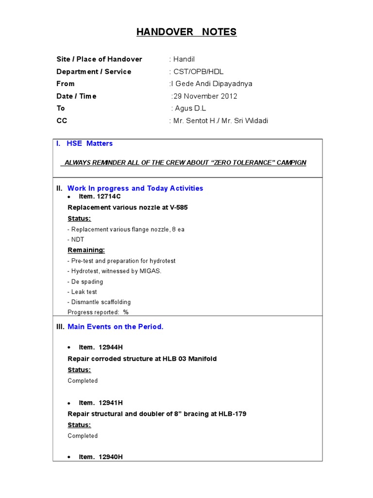 Handover Notes: Site / Place of Handover Department / Service From Date ...