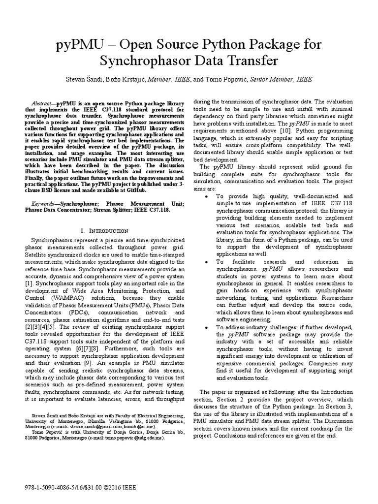 PyPMU - Open Source Python Package For Synchrophasor Data Transfer | PDF | Computer Engineering ...