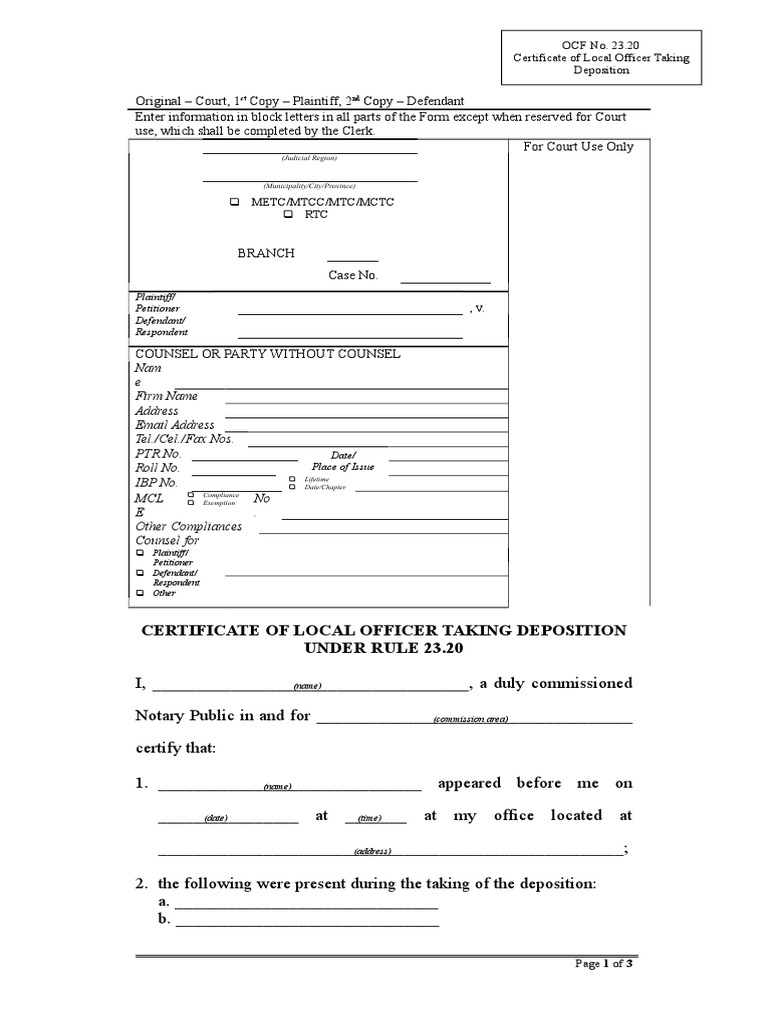OCF 23.20 Certificate of Officer Taking Deposition | PDF | Deposition ...