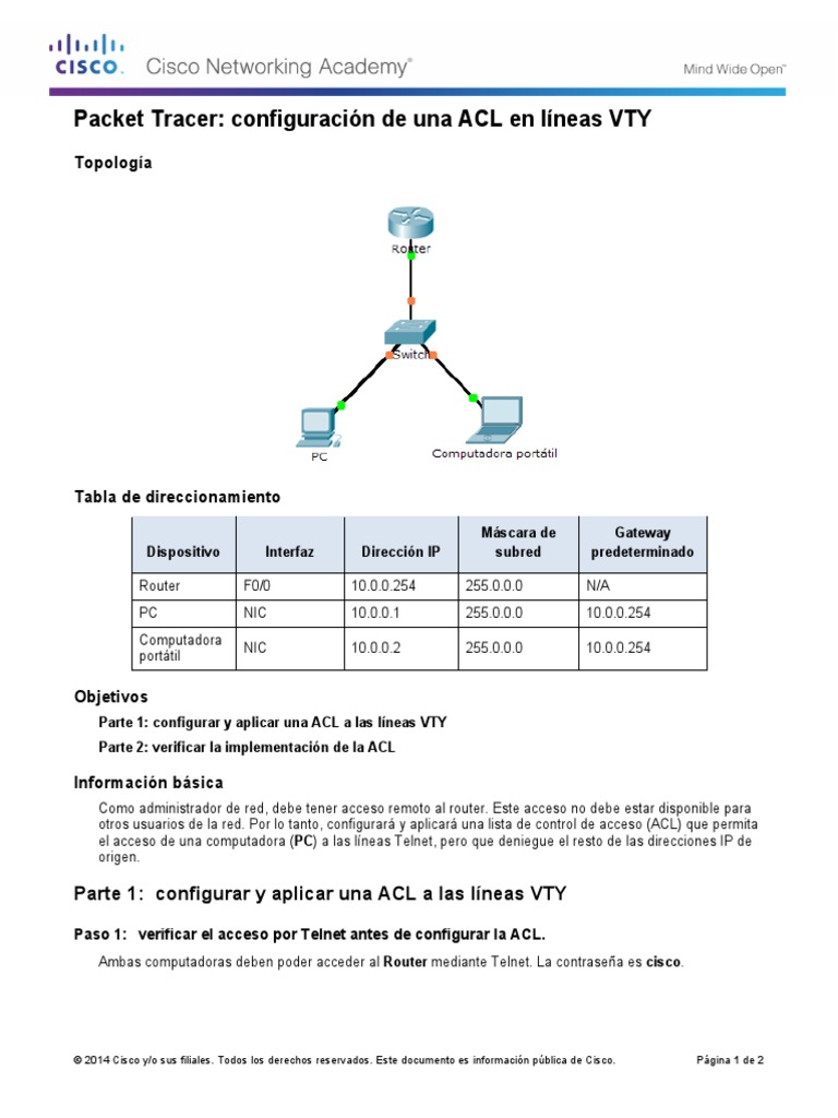 9 2 3 3 Packet Tracer Configuring An Acl On Vty Lines Instructions