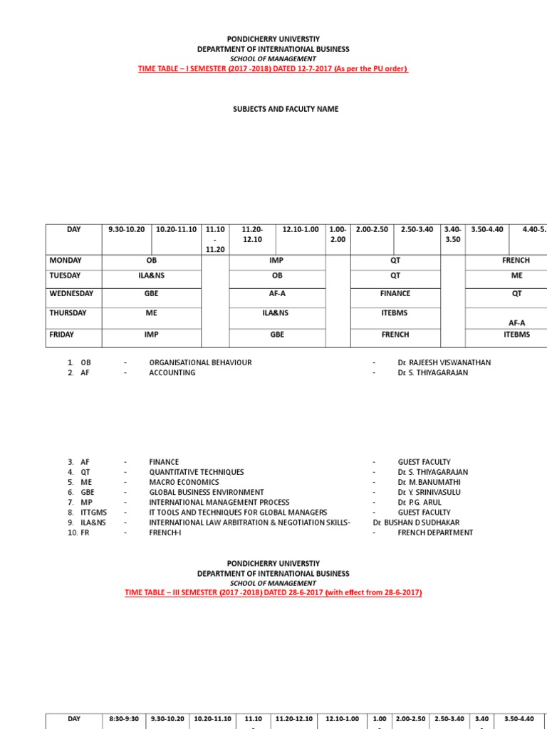 Time Table - Odd Sem | PDF | Economies | Business