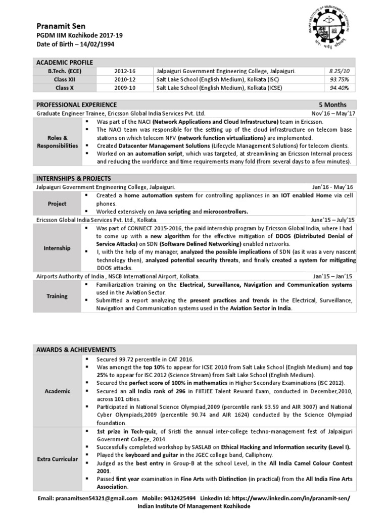 Pranamit Sen's Resume for the PGDM Program at IIM Kozhikode | PDF ...