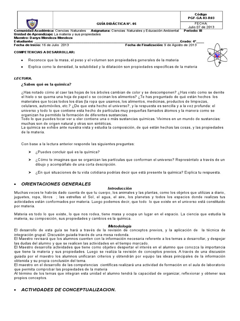 Guia # 5 La Materia y Sus Propiedades.2013 | PDF | Importar | Masa