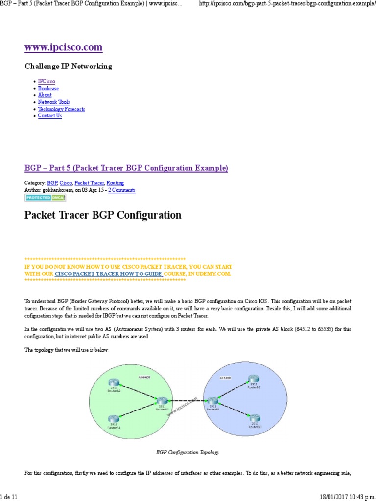 BGP - Part 5 (Packet Tracer BGP Configuration Example) | PDF | Router (Computing) | Network ...
