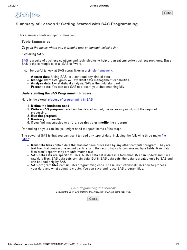 Lesson Summary 1 Sas Beginners Sas Software Computer Program 