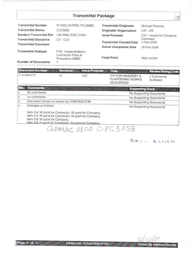 045 ITP For MASONRY PLASTERING WORKS Buildings PDF | PDF | Engineering | Industries