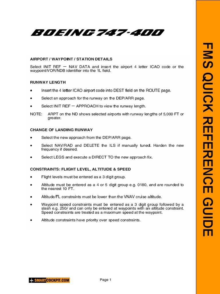 B747-400-FMS Quick Reference Guide | PDF