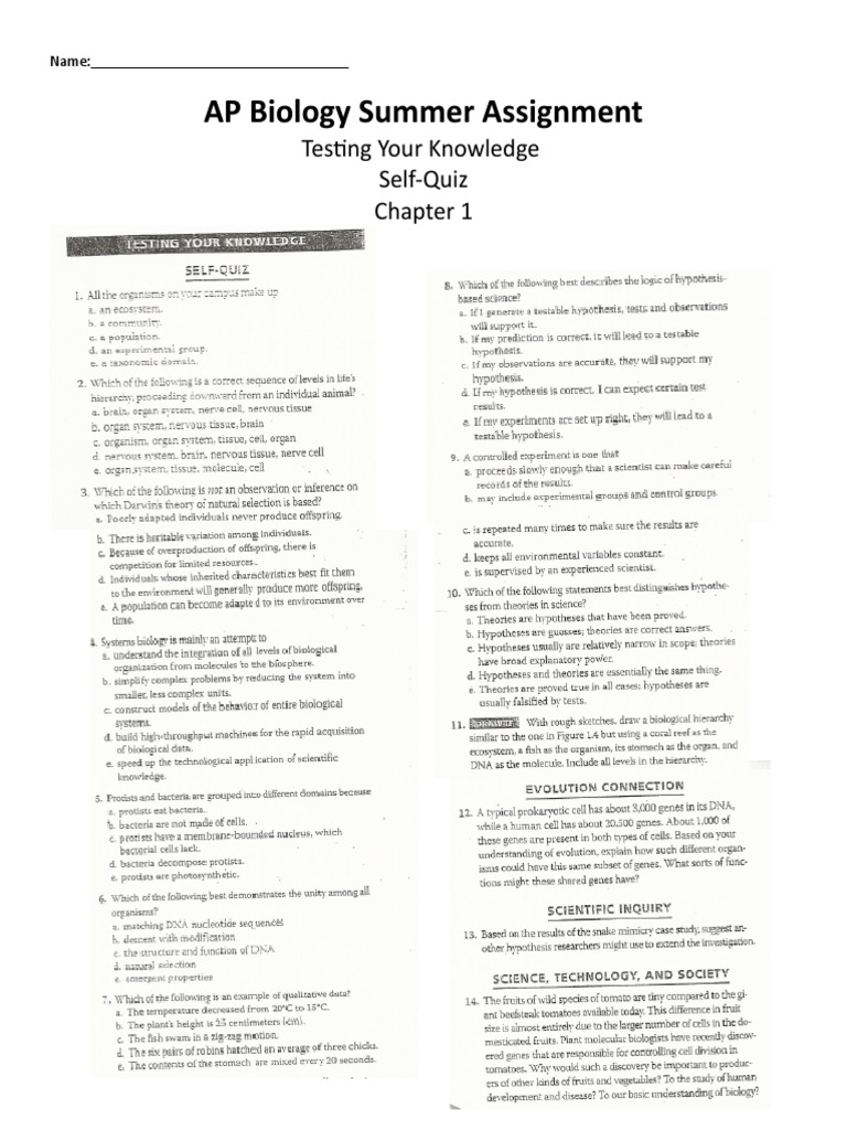 AP Biology Summer Assignment: Testing Your Knowledge Self-Quiz | PDF