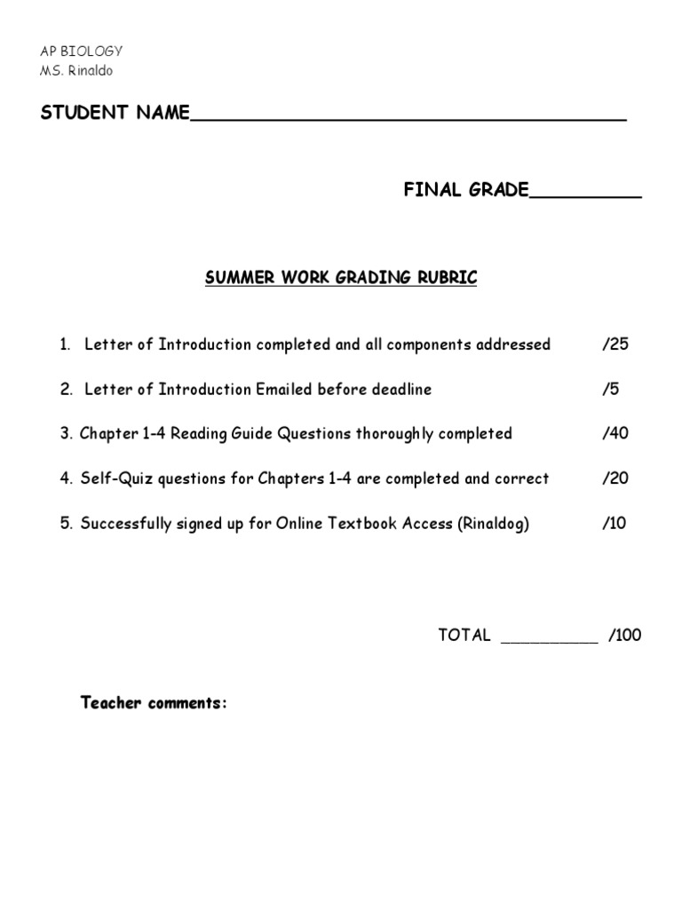 Rubric For Summer Assignment | PDF